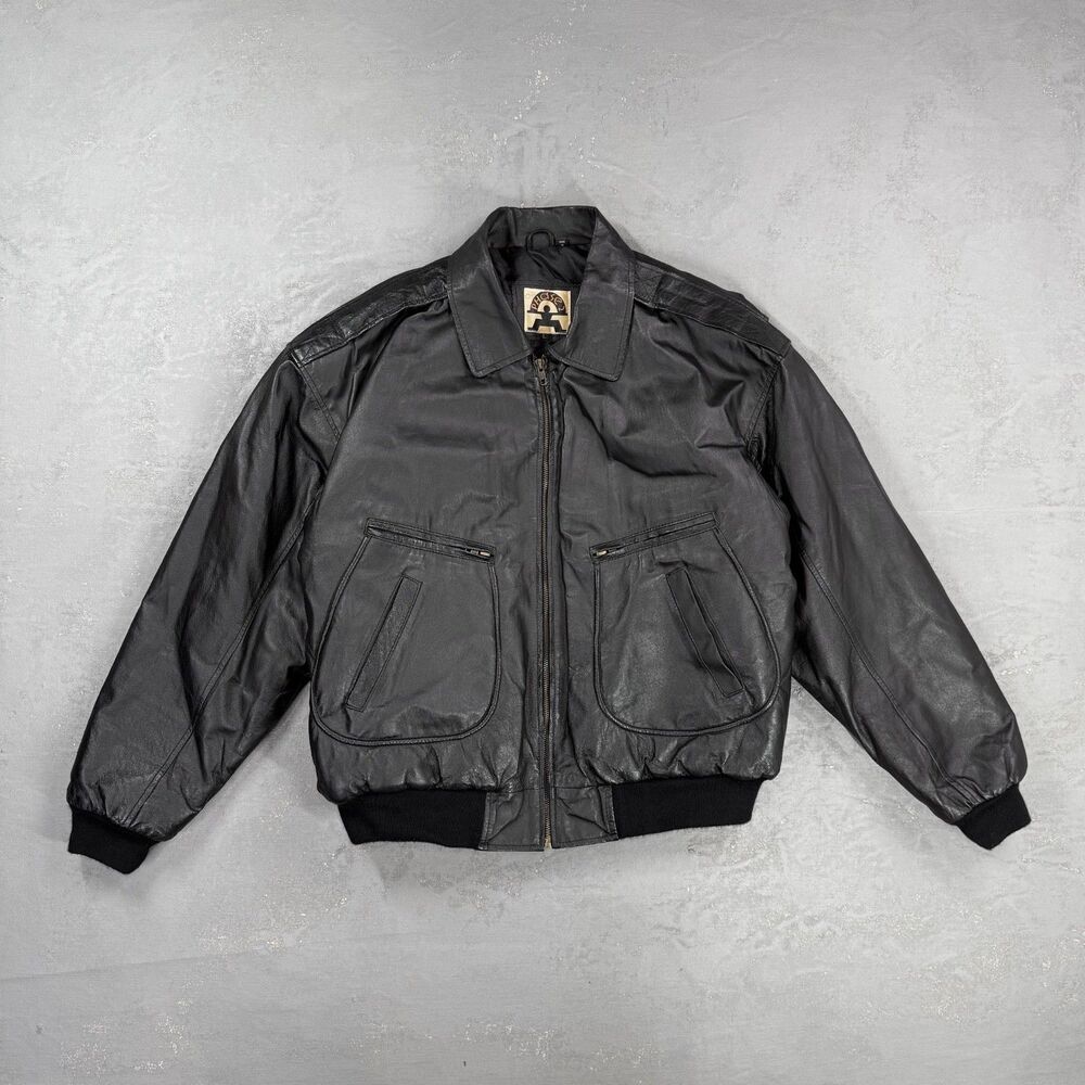 Vintage 1990s Phase 2 Black Leather Bomber Jacket Men… - Gem